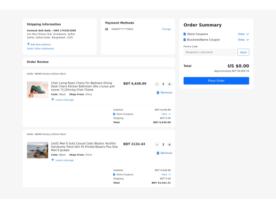 Product checkout section with order summary and remove product button | EasyFrontend