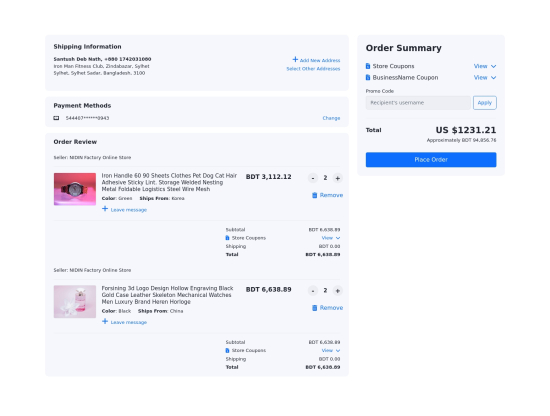 Product checkout section with order summary and remove product button | EasyFrontend